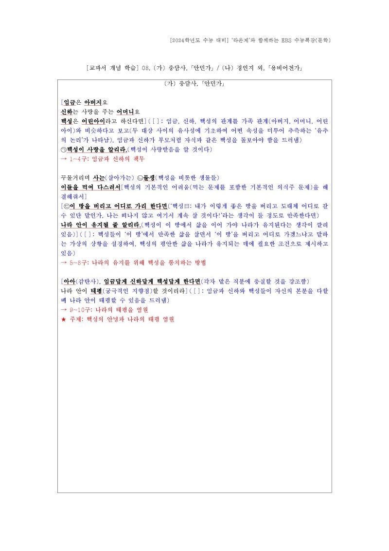 2024학년도 Ebs 수능특강 문학 교과서 개념 학습 08 가 충담사 「안민가」 나 정인지 외 「용비어천가」